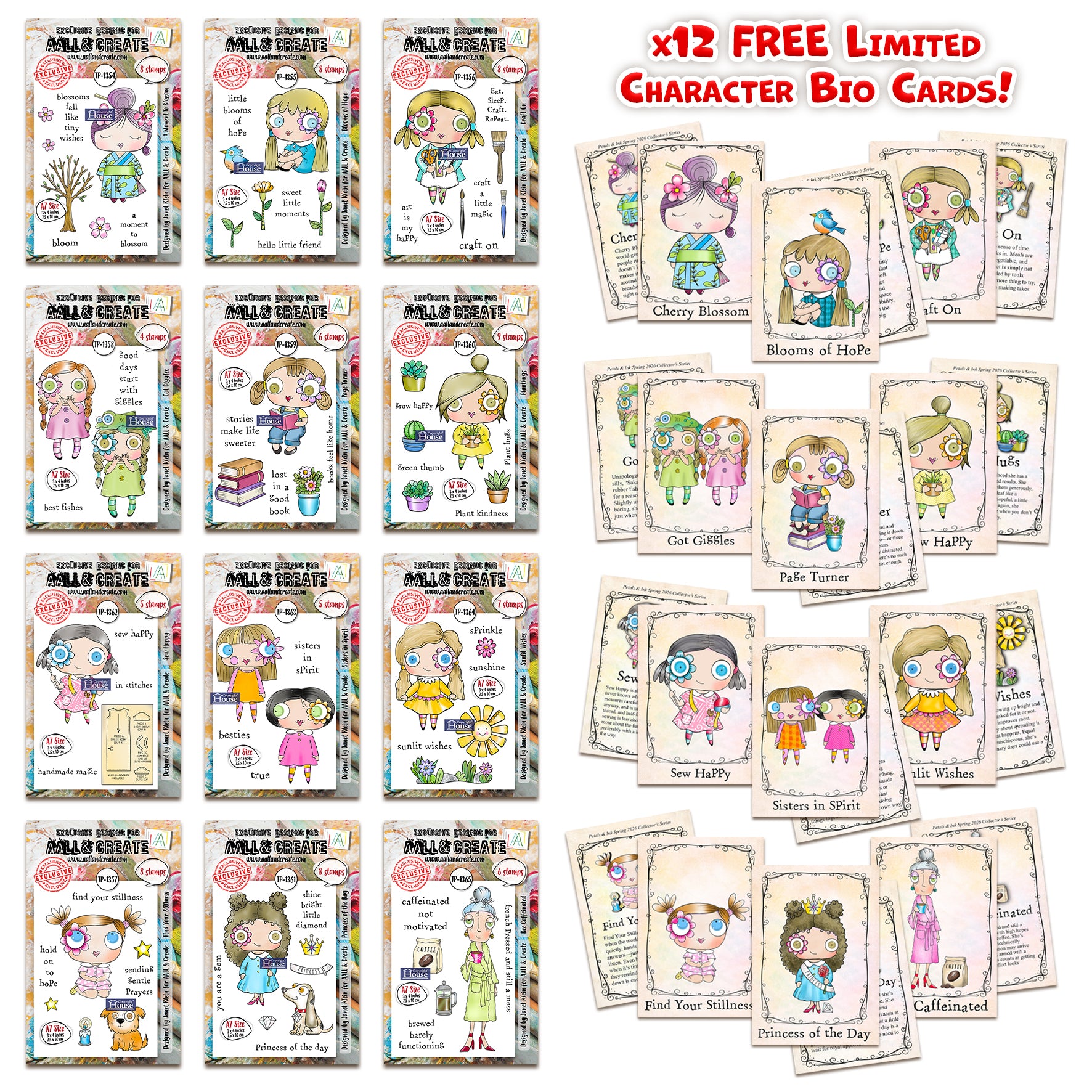 Petals & Ink Stamp Bundle + x12 FREE Limited Character Bio Cards – AALL ...